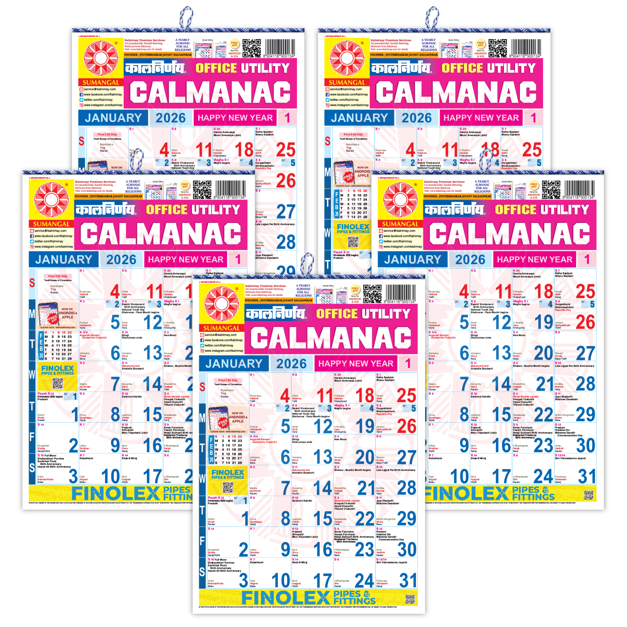Kalnirnay English Big Office 2026 Pack of 5 | Large Wall Planner