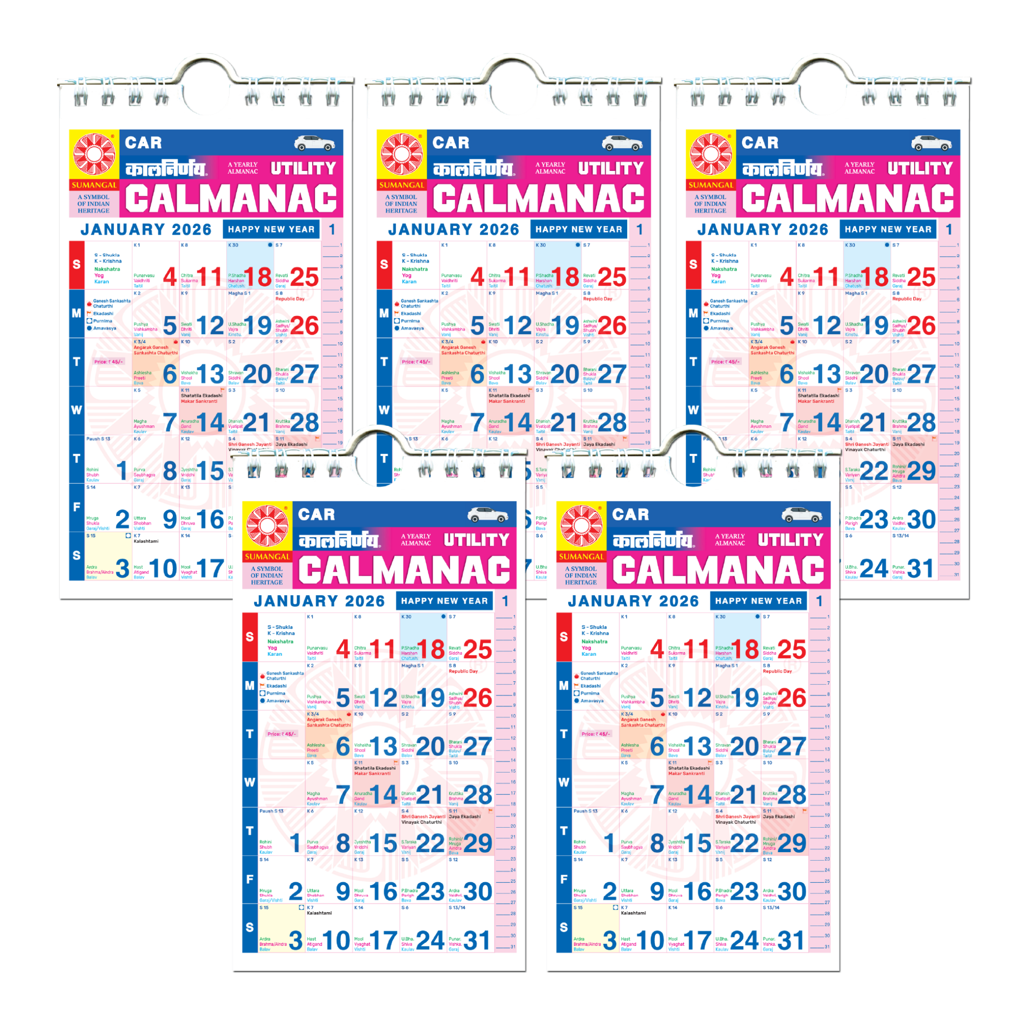 Kalnirnay English Car 2026 Panchang Pack of 5 | Dashboard Panchang